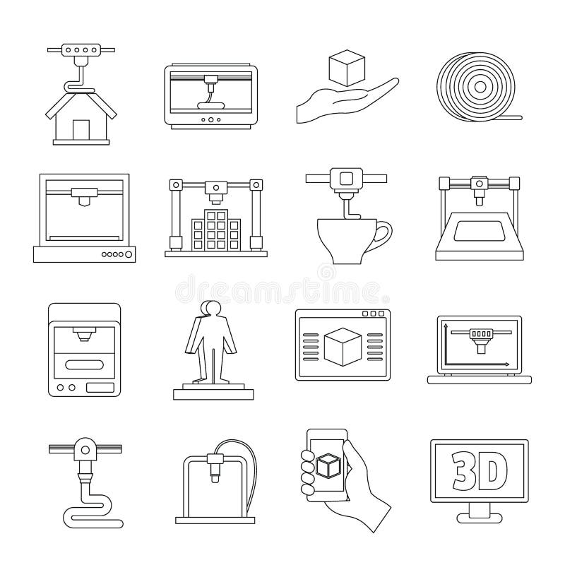 3D Printing Icons Set, Outline Style Stock Vector - Illustration of ...