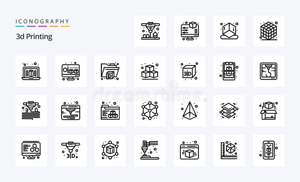 25 3d Printing Line Icon Pack Stock Vector - Illustration of material ...