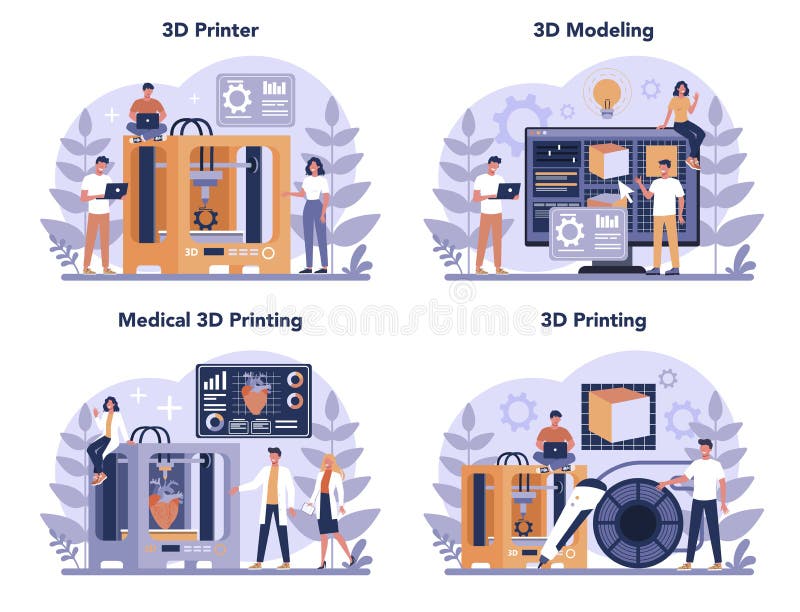 3D Printing Technology Concept Set. 3D Printer Equipment and Engineer ...