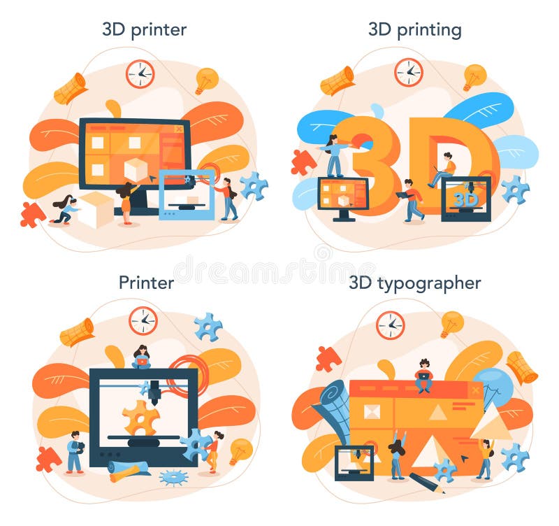 3D Printing Technology Concept Set. 3D Printer Equipment and Engineer ...