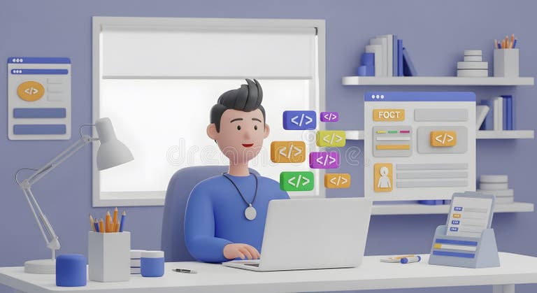 3D Programmer Character Coding on Laptop Surrounded by Colorful Floating Code Icons in Modern ...