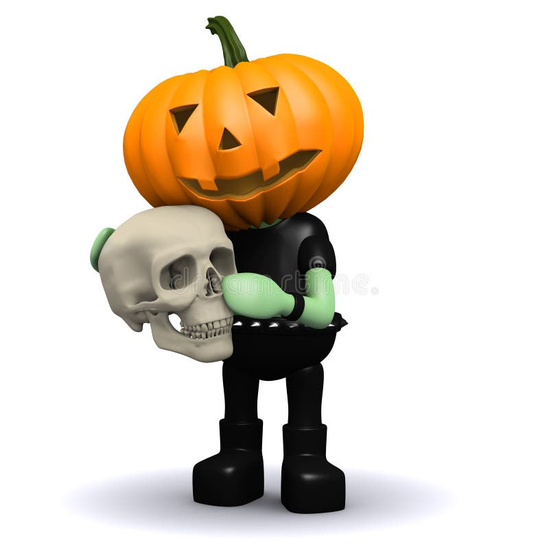3d Pumpkin Head Monster Holding a Human Skull Stock Illustration ...