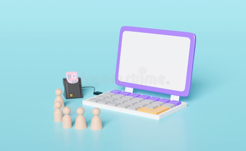 3d Purple Laptop Computer with Wooden Figures Row, Smart Card Reader ...