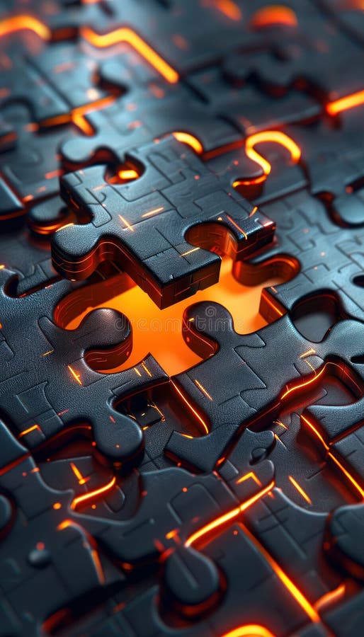 3D Puzzle Pieces Glowing with Orange Light Stock Image - Image of ...