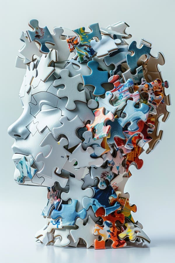 3D Puzzle Sculpture of a Human Head Exploding into Pieces on White ...