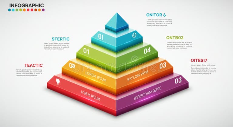 3D Pyramid Infographic with Five Colored Layers. Each Layer is Labeled ...