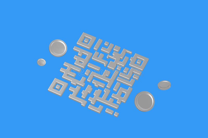 3D QR Code with Coins on a Blue Background. 3D Rendering Stock ...