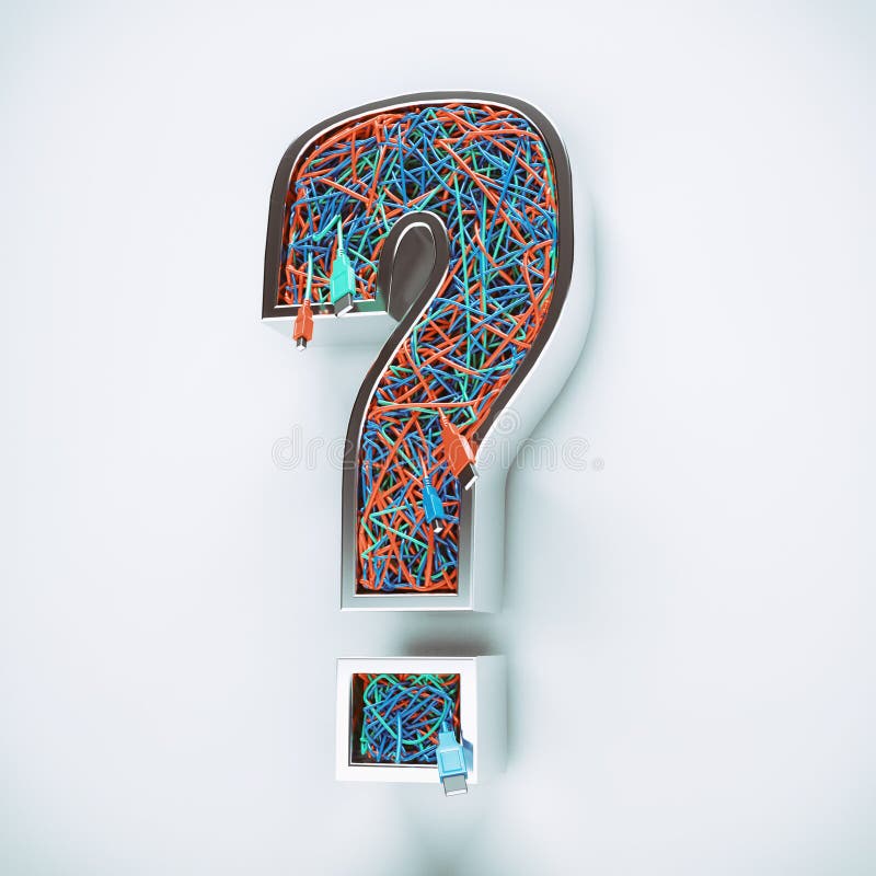 3d Question Mark with Tangled Cables Inside. Difficult Dilemma and ...