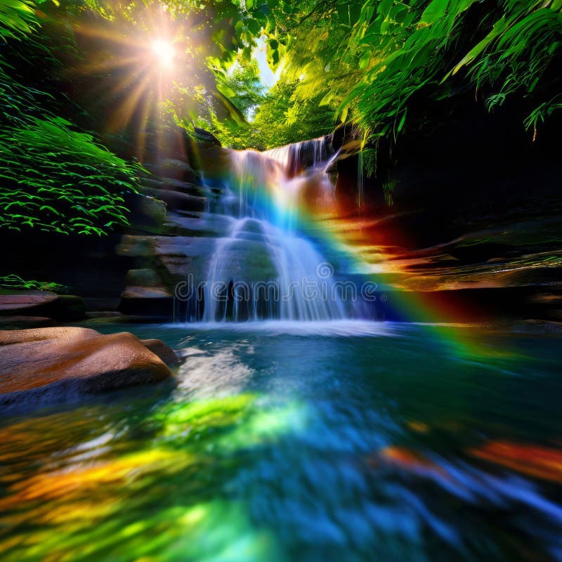 D Rainbow Waterfall a Cascading Waterfall with Rainbow Colore Stock ...