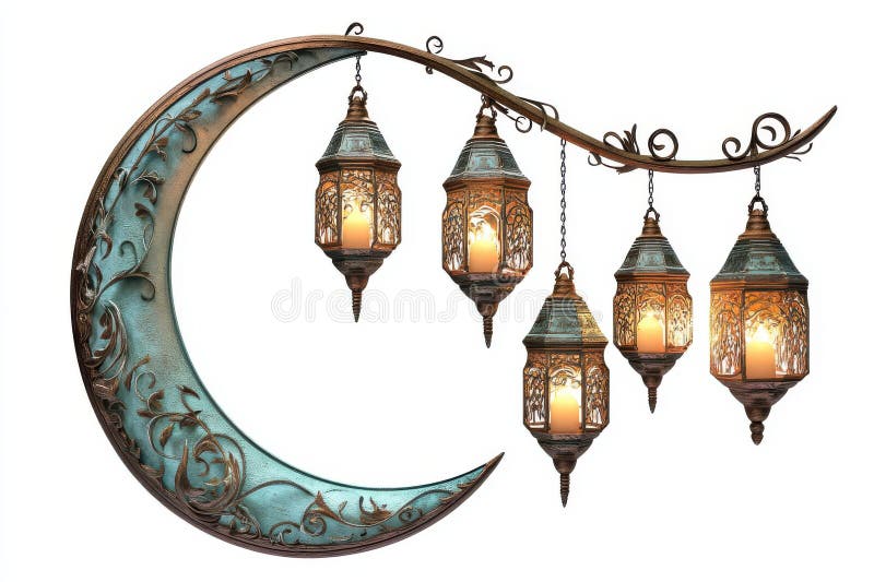 3D Ramadan Crescent Moon with Hanging Lanterns on White Background ...