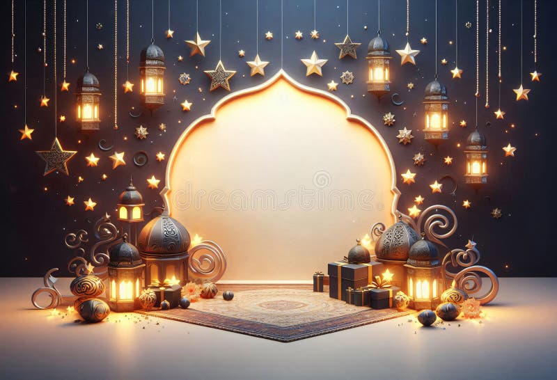 3d Ramadan Display with Lanterns and Arabic Decoration Illustration ...