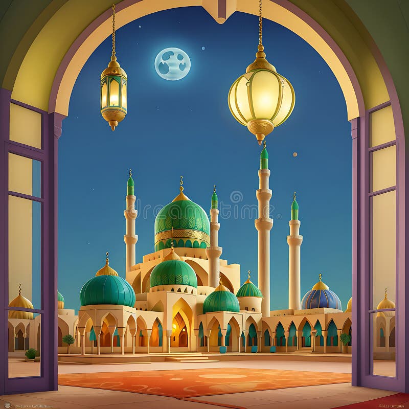 Ramadan Mubarak Window in Modern Style with Moon, Mosque Dome and ...