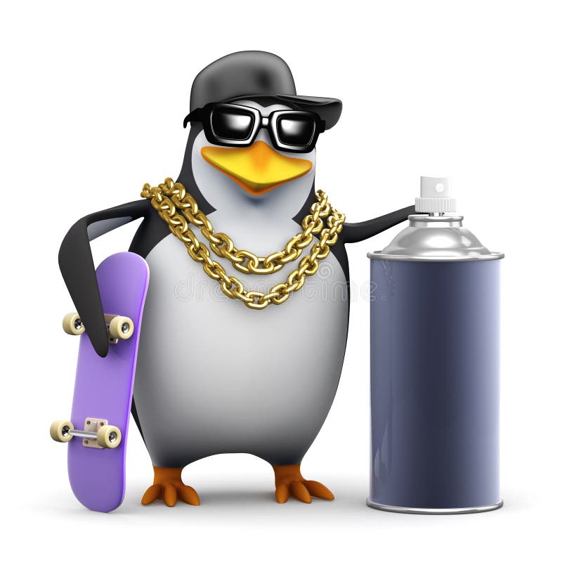 3d Rapper Penguin with Skateboard and Paint Stock Illustration ...