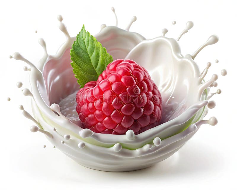 3D Raspberry and Milk Splash on a White Background Stock Image - Image ...