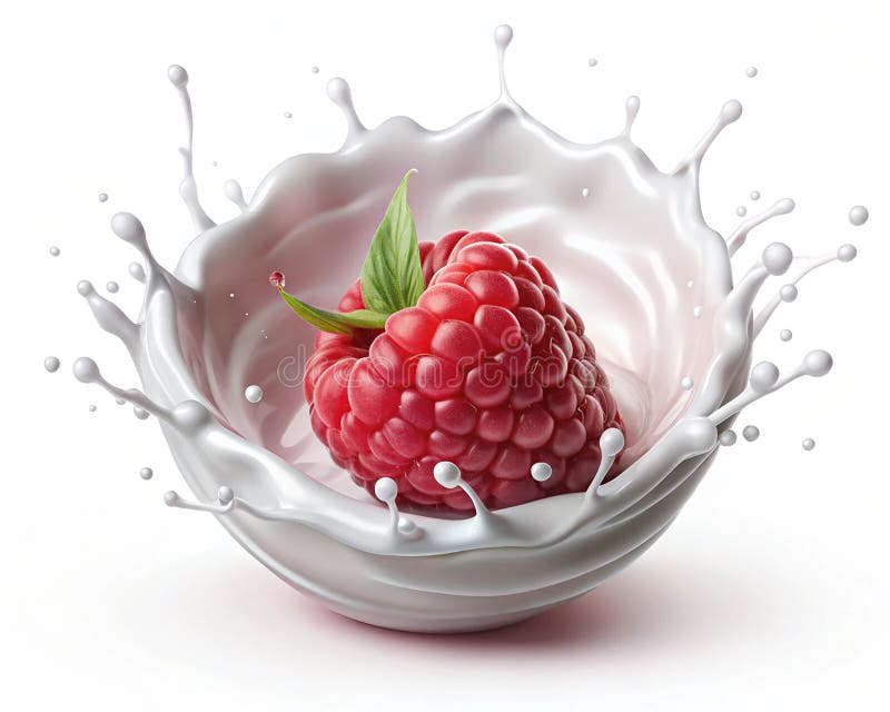 3D Raspberry and Milk Splash on a White Background Stock Image - Image ...