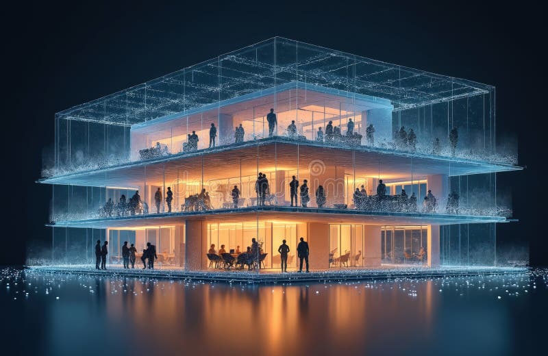 3D X-ray of Office Building with Abstract Plexus of Lines, Dots ...