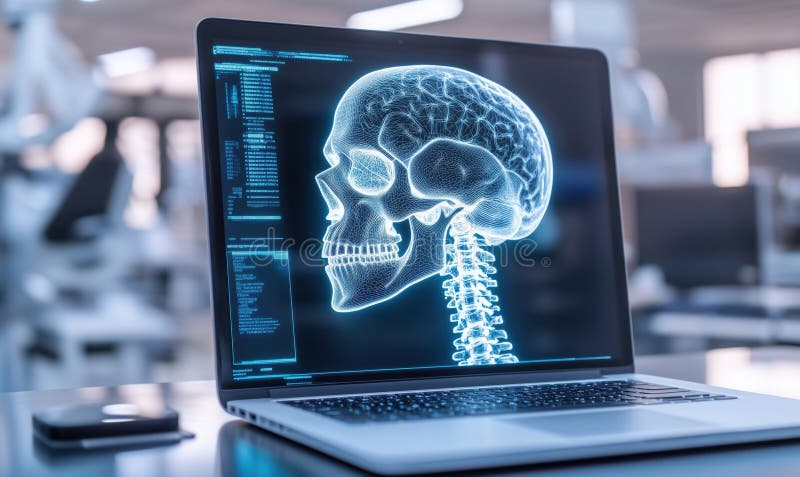 3D X-ray Visualization of Human Skull and Spine on Laptop Screen in ...