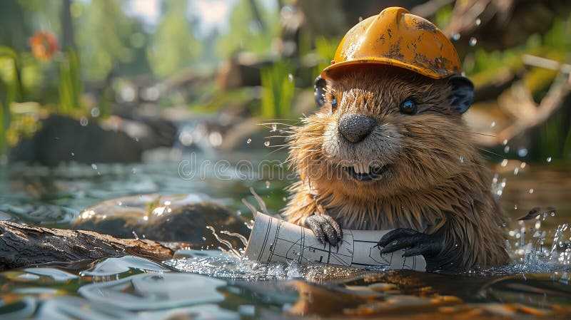 A 3D Realistic Action Rendering of a Beaver Architect Building a Log ...