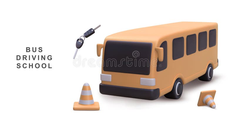 3d Realistic Banner Driving School with Bus. Vector Illustration Stock ...