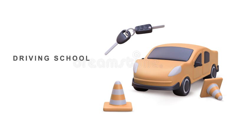 3d Realistic Banner Driving School with Car. Vector Illustration Stock ...