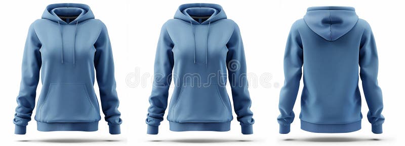 3D Realistic Blue Hoodie, Front View, Side and Back Views on a White ...