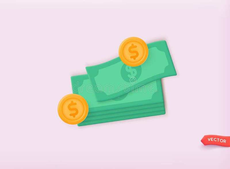3d Realistic Cartoon Gold Coins and Dollar Banknote Bundle. 3D Web ...