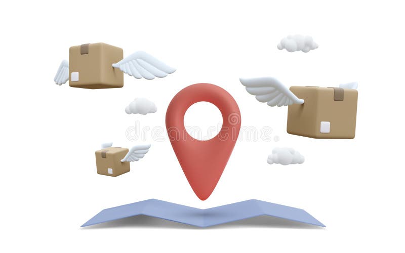 3d Realistic Flying Cardboard Boxes with Wings and Map with Pointer ...