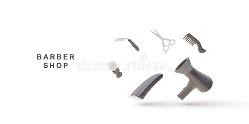 3d Realistic Flying Objects Kit for Barber Shop on a White Background ...