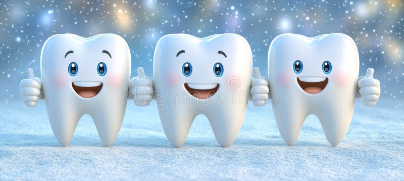 3D Realistic Happy White Teeth Characters Giving Thumbs Up on Bright ...