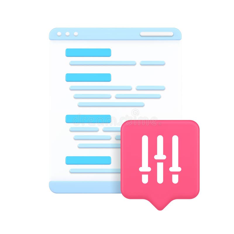 3d Realistic Icon of Code Page and Pink Settings Sliders Speech Bubble for Programming ...