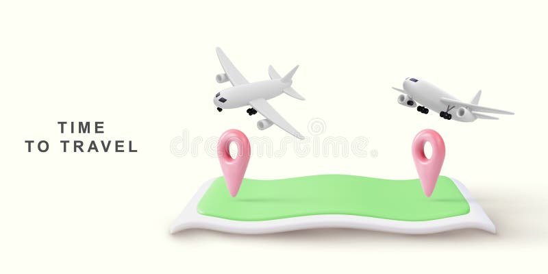 3d Realistic Illustration of Flights Concept, Airplane Flying Over Map Pin. Vector Illustration ...
