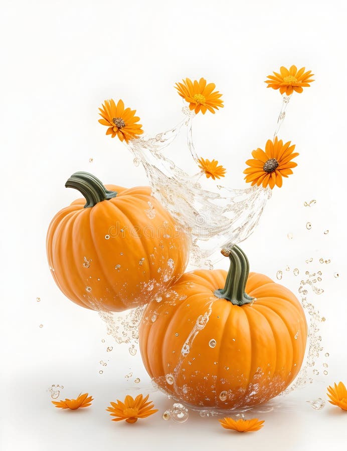 3D Realistic Illustration of Two Pumpkins Surrounded by Water Splashes ...