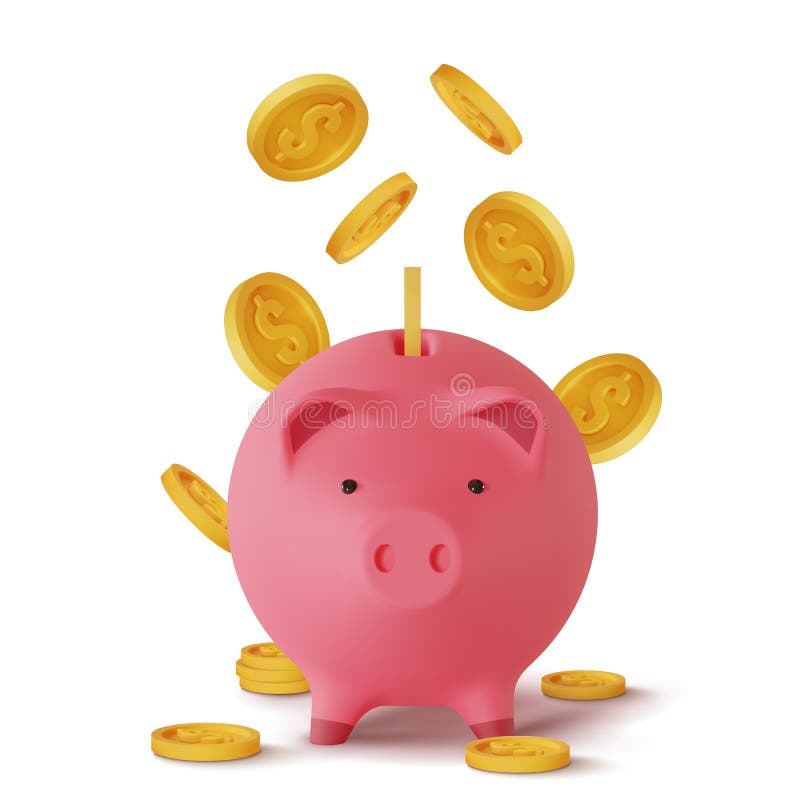 3d Realistic Moneybox in the Form of a Pig and Coins Falling, Isolated ...