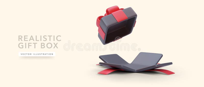 3d Realistic Open Gift Box with Red Ribbon Isolated on Yellow ...