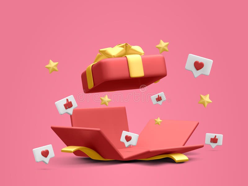 3d Realistic Open Gift Box with Thumbs Up, Hearts and Stars. Vector ...