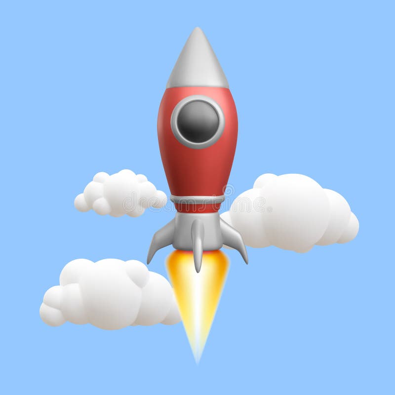 3d Realistic Red Rocket Flies through the Clouds. Vector Illustration ...