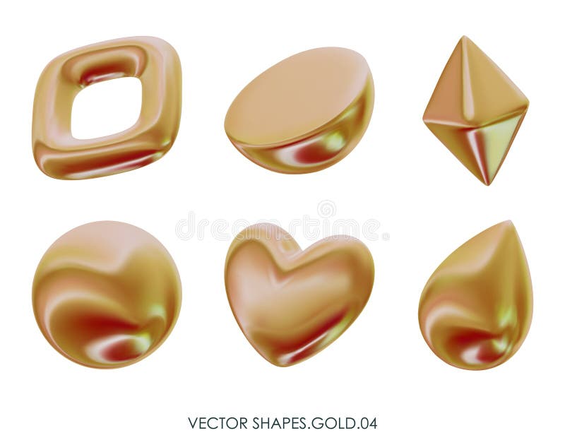 3D Realistic Render Gold Figures. Yellow Metallic Design Objects ...