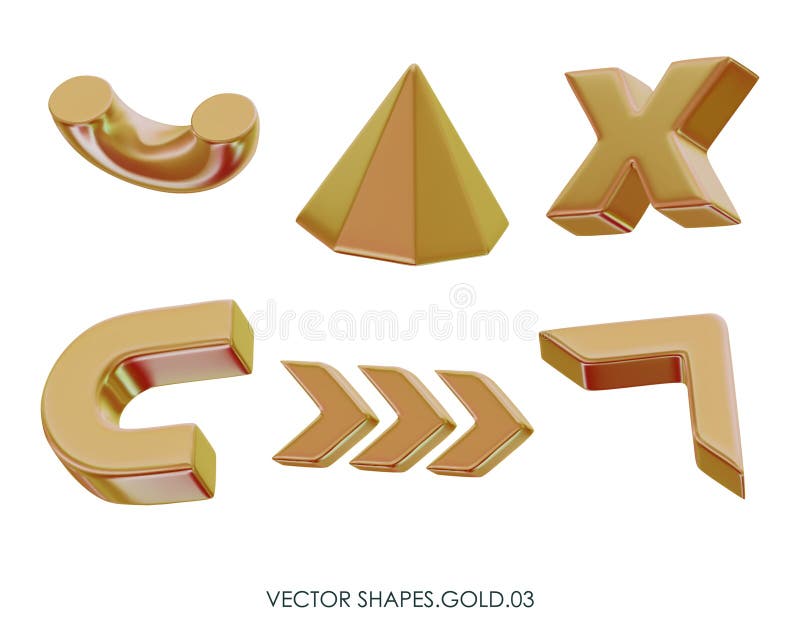 3D Realistic Render Gold Figures. Yellow Metallic Design Objects ...
