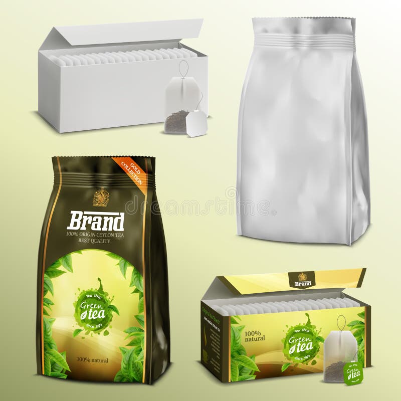 3D Realistic Set Blank White Paper Tea Bags and Loose Leaves Packs ...