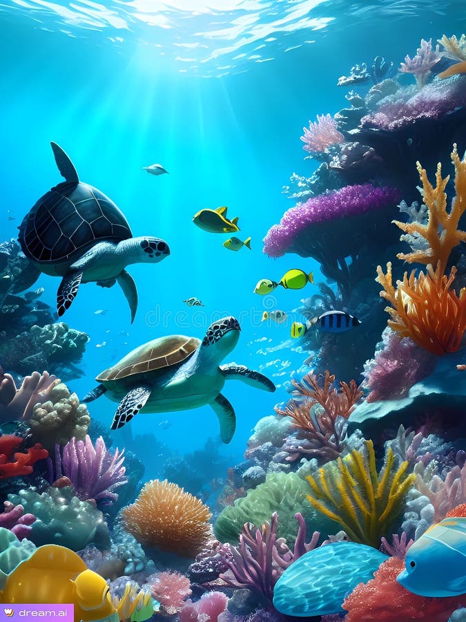 3D Realistic Turtles Underwater Colorful Fish and Sea Creatures Stock ...