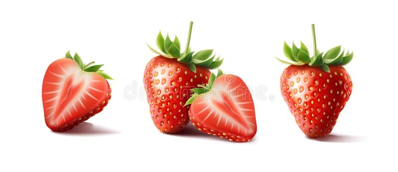 3d Realistic Vector Icon. Set of Red Strawberries, Half of Strawberry ...