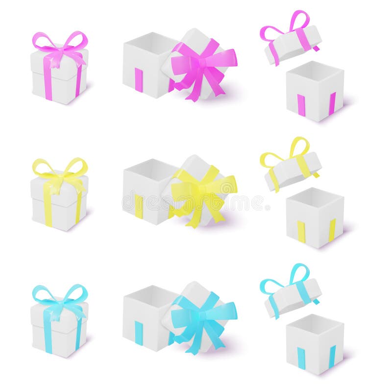 3D Realistic White Gift Boxes with Colored Bow and Ribbons Collection ...