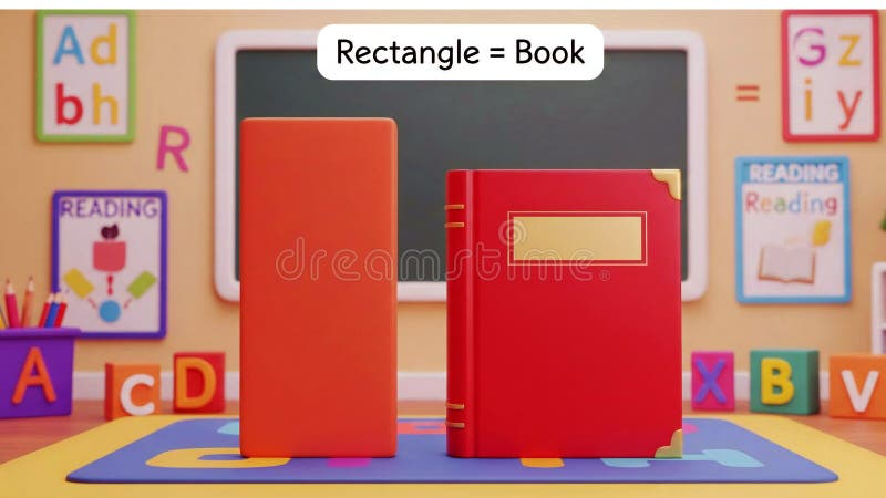 3D Rectangle Shape and Cartoon Red Book on Classroom Rug with Reading ...