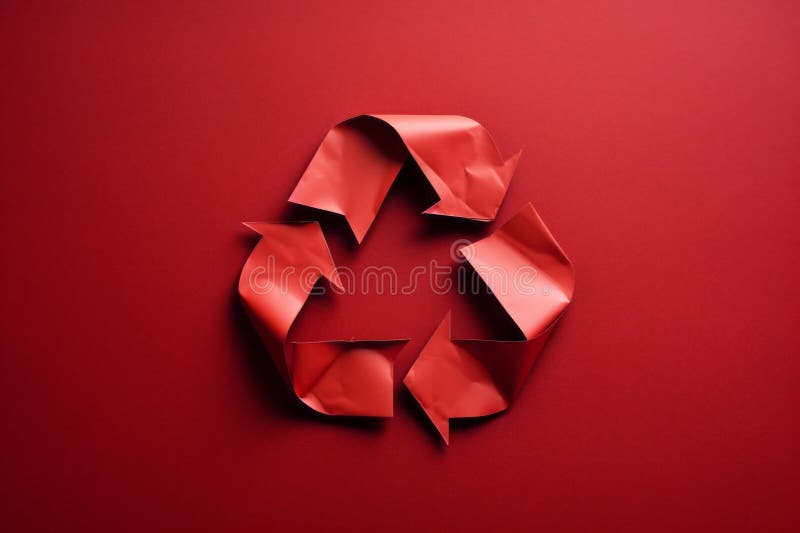 3d Recycle Symbol Made Of Red Recycling Paper Isolated On The Red Monochrome Background Ecology