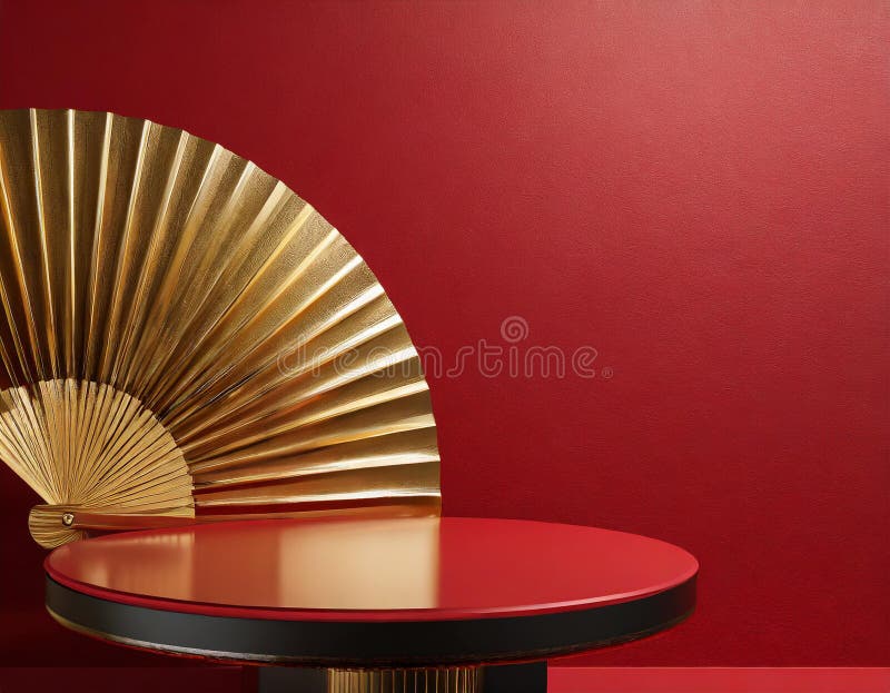 3d Red Background Gold Fan, Round Table, Minimalist Background, Simple ...