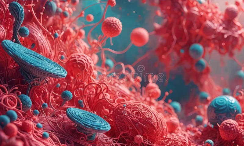 3D Red and Blue Cellular Structure, with Various Spherical and Organic ...