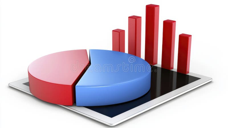 3D Red and Blue Pie Chart and Bar Graph on Tablet Stock Illustration ...