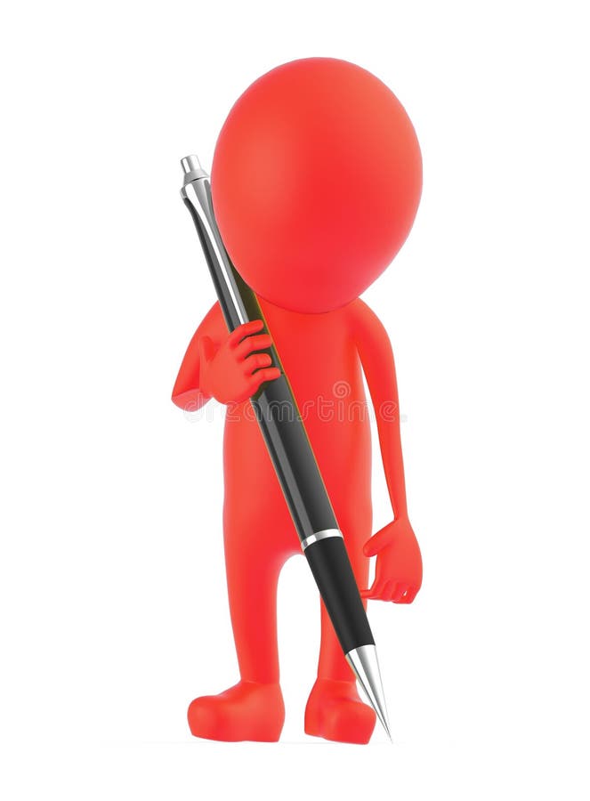 3d Red Character Holding a Large Pen and Writing Stock Illustration ...