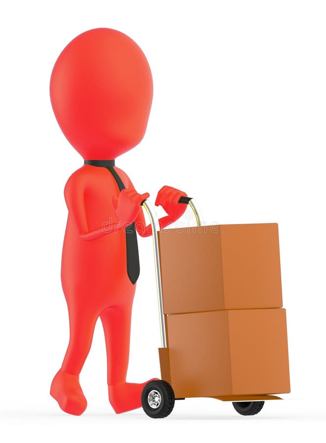 3d Red Character Moving a Trolley with Cardboard Boxes in it Stock ...