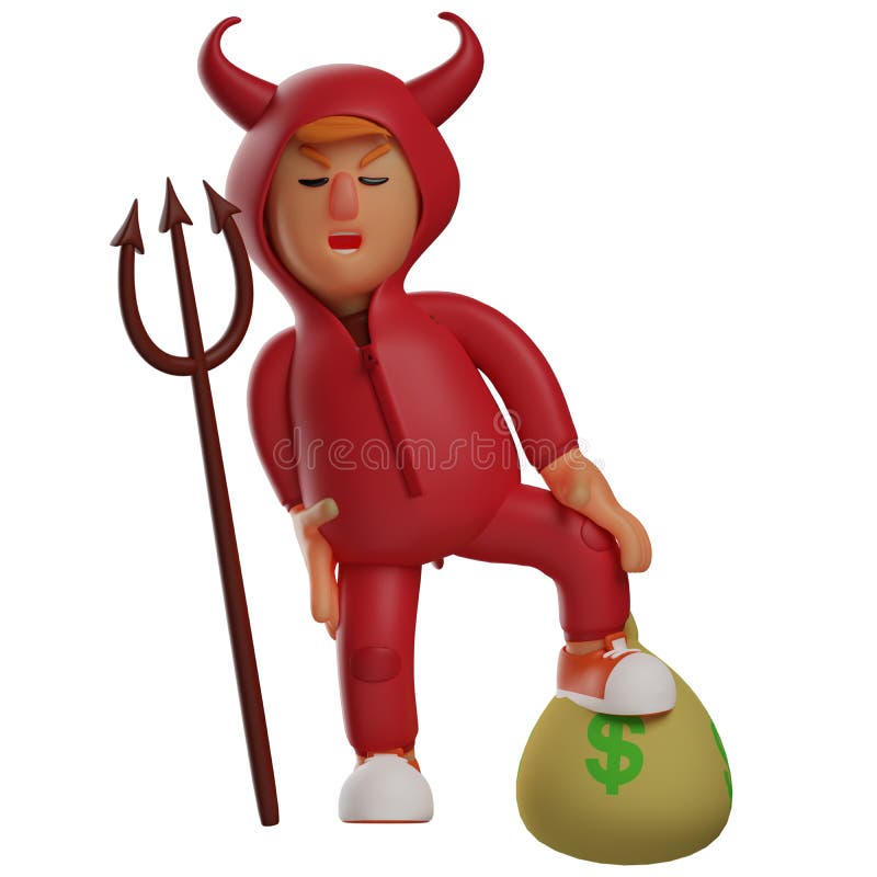 3D Red Devil Cartoon Design Stands Sideways with a Sack of Money Stock ...